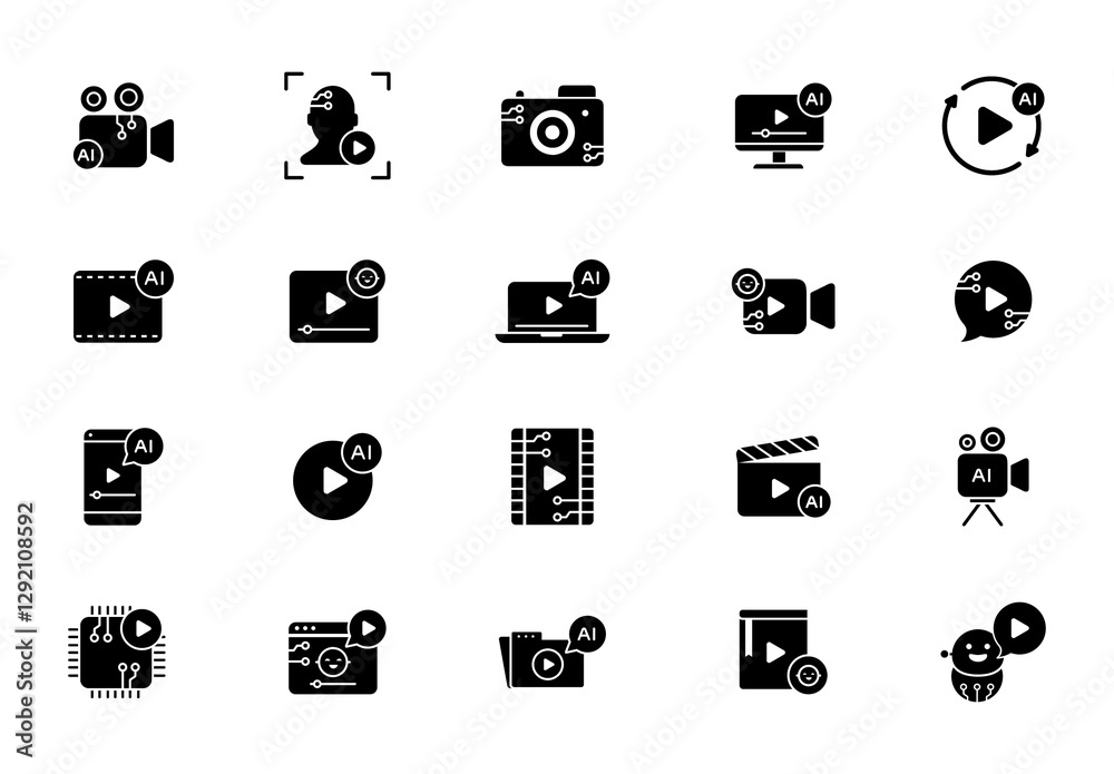 Black and White AI Video Editing Media Icons Set Stock Template | Adobe ...