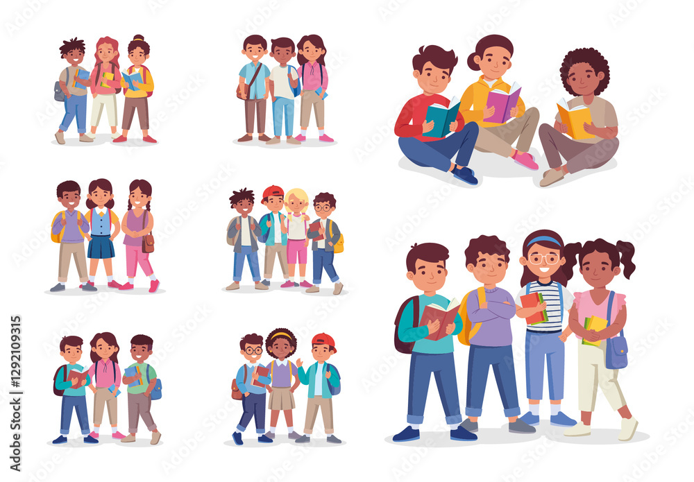 Colorful Diverse Group of School Students Illustration Set Stock ...