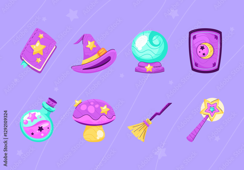 Colorful Fantasy Magic Wizard Objects Icons Set Stock Template | Adobe ...
