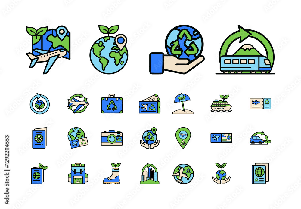Sustainable Green Eco Friendly Travel Tourism Illustration Set Stock ...
