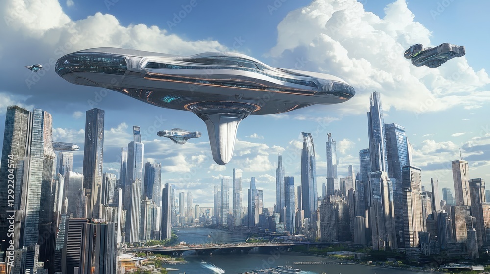 Poster A massive hovering structure dominates a futuristic city ...