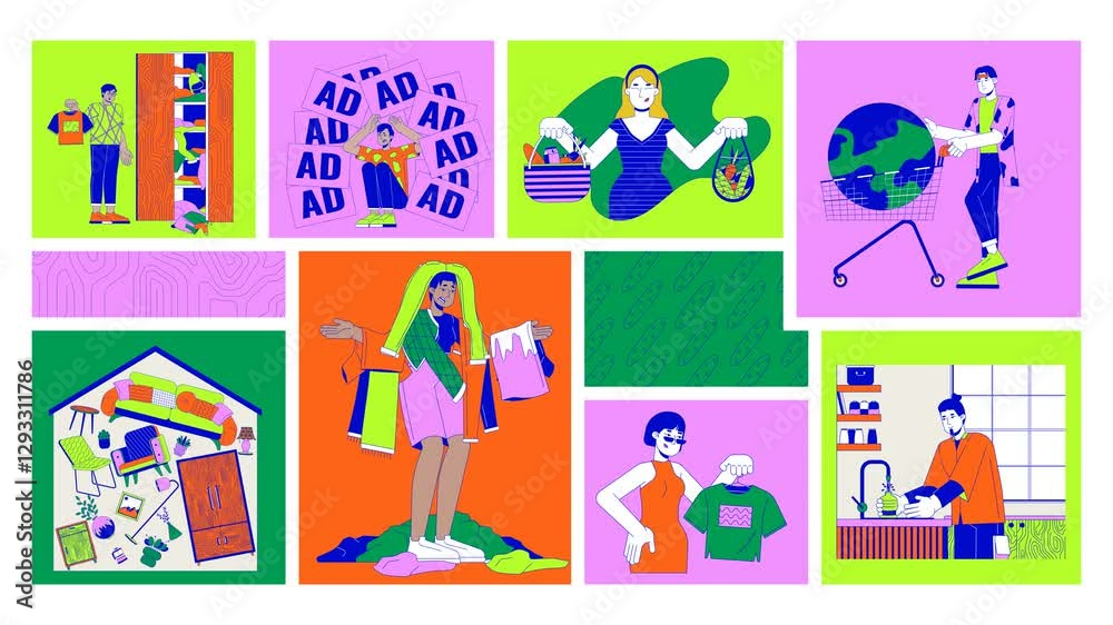 Sustainable shopping and overconsumption animated bento grid layout ...