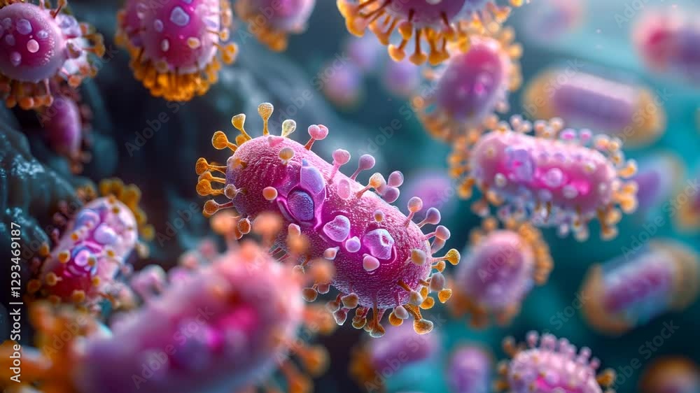 Virus Cells under microscope, Microbiome and Bacteria illness, Protein structure, Microbiology ...