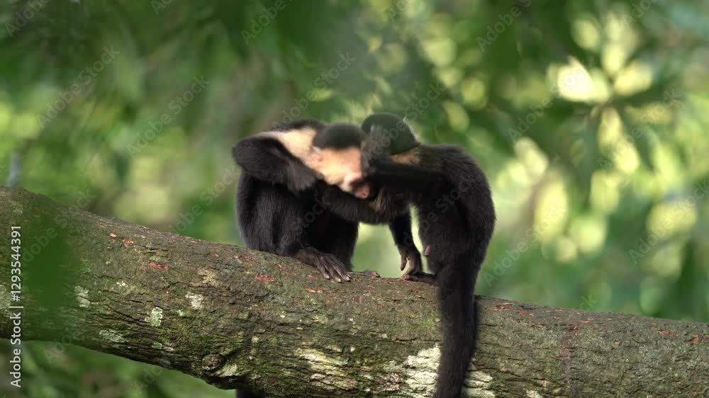 Monkey cleaning fur coat. Wild White-headed Capuchin, Cebus capucinus ...