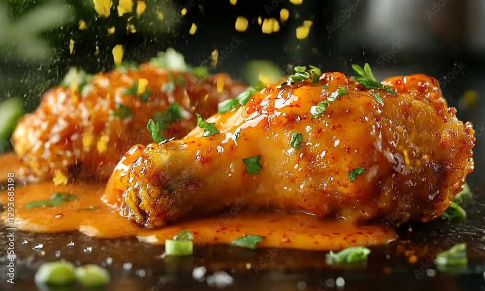 Juicy chicken wings coated in spicy sauce, garnished with herbs, served ...