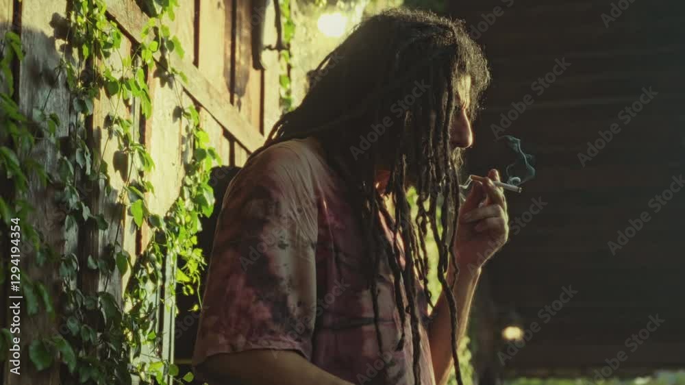 hippie Rastafarian Man smoking a cigarette by a Lush Wooden Fence ...