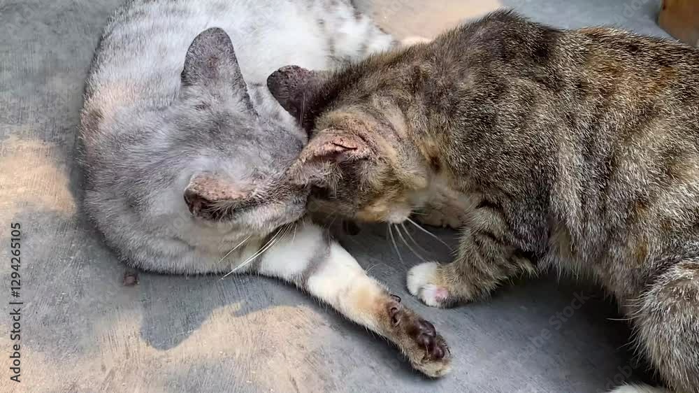 Close up video footage of stray cat is suffering feline scabies or ...