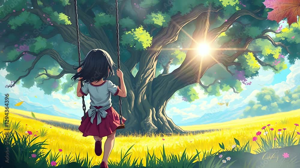 Girl Swings on Giant Tree, Sunny Meadow , lofi anime aesthetic ...
