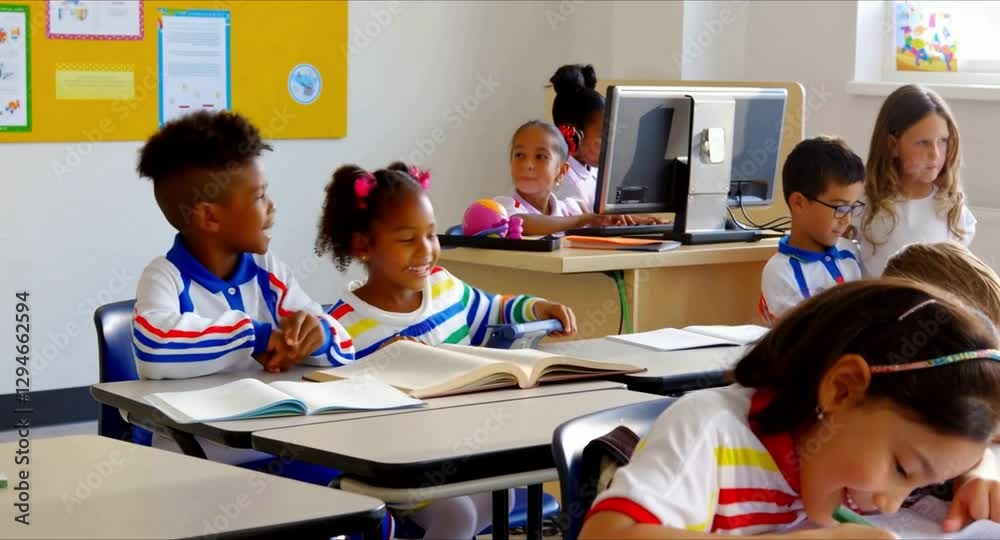 Group of students in ICT or computer classroom, teacher and students at ...