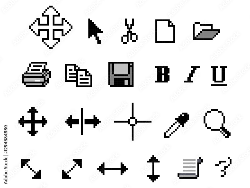 Poster Miscellaneous retro computer icons in 8-bit pixel art style ...