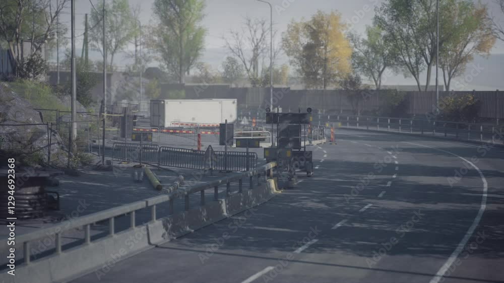 Construction work is underway on a city street, with barriers and ...