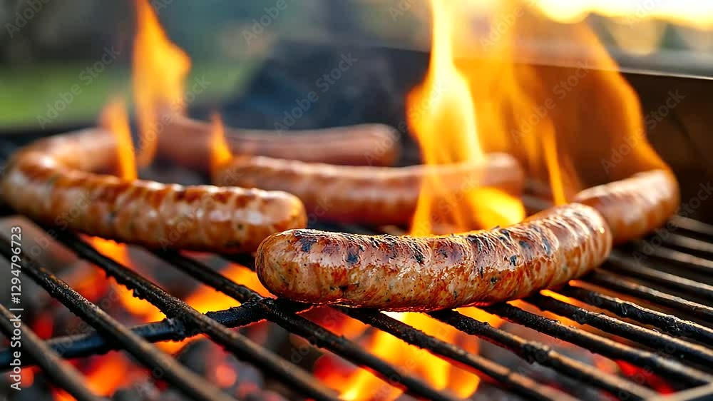 Boerewors sausage on a well-worn grill, sizzling over bright red-hot ...