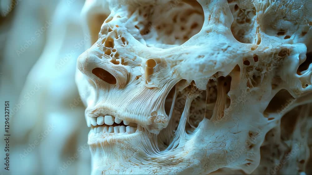 Artistic depiction of a porous human skull with intricate bone ...