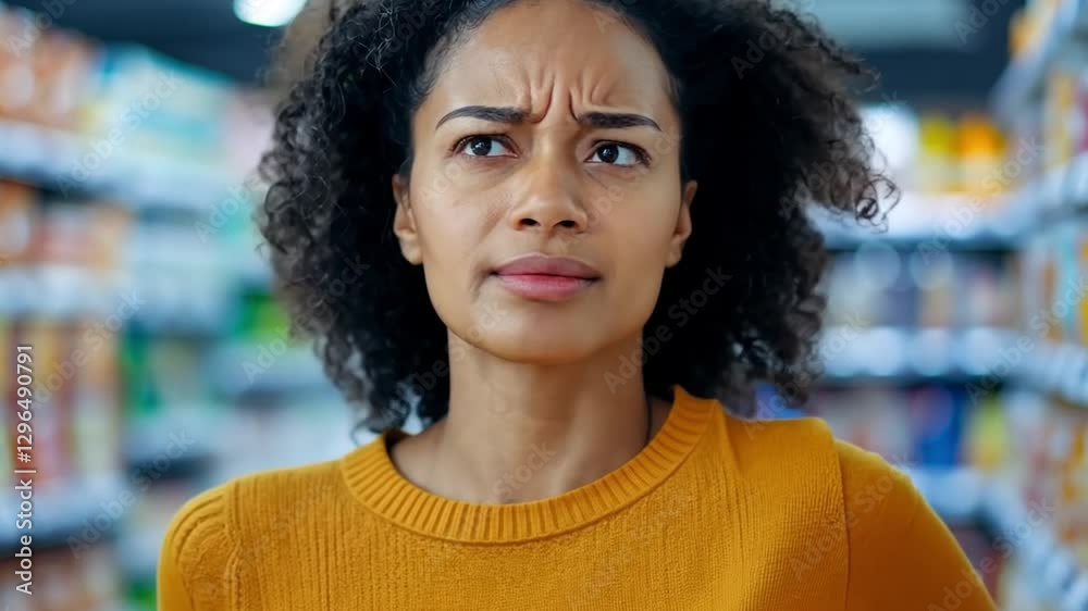 Puzzled Shopper: A close-up captures a woman with curly hair in a ...