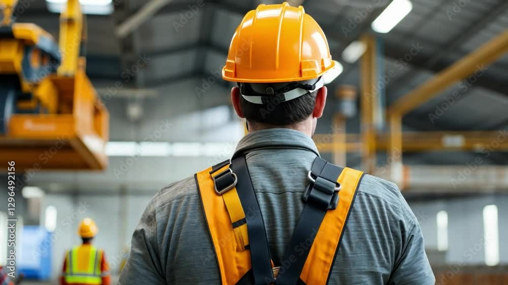 Construction Worker: Rear view of a construction worker in a hard hat ...