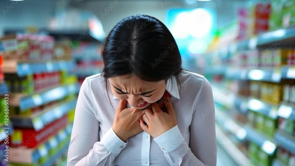 Unpleasant Grocery Scene: An Asian woman grimaces in a supermarket ...