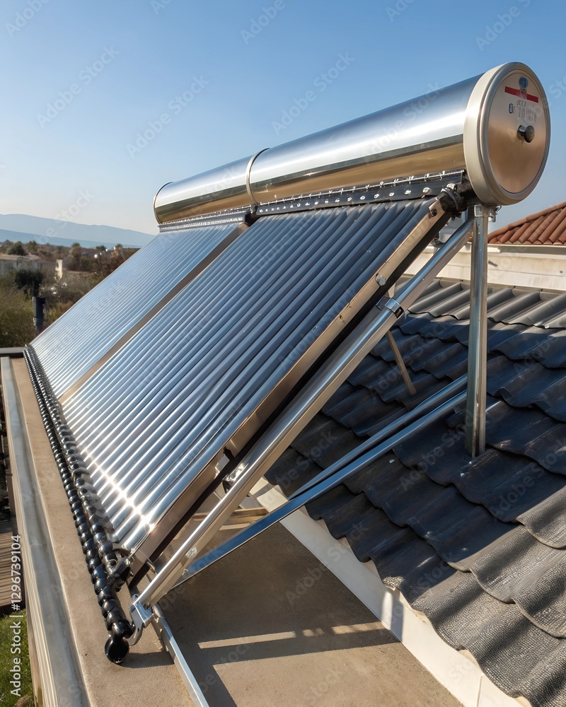 Poster Evacuated tube solar water heater installed on a tiled rooftop ...