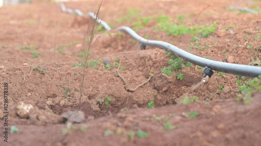 Drip irrigation watering system at play dropping one drop of water at a ...