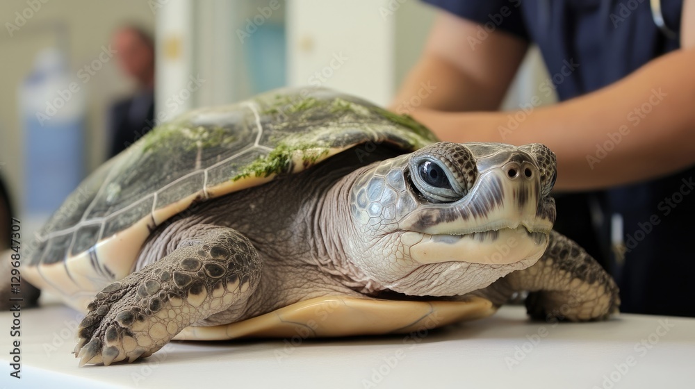 Poster A docile turtle rests on a veterinary table while a specialist ...