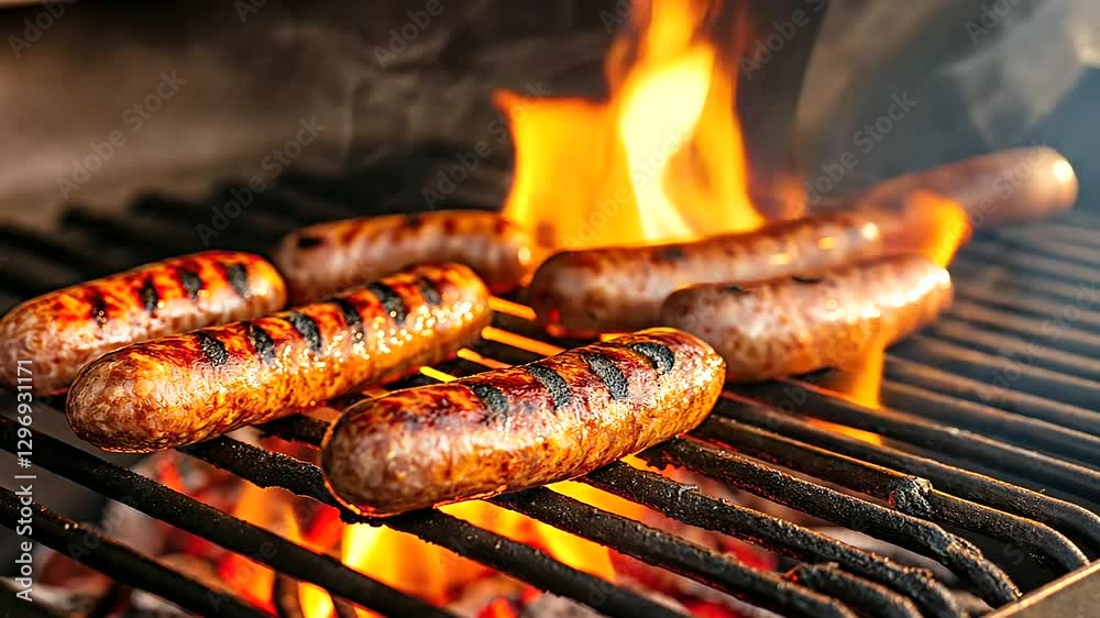 Boerewors sausage on a well-worn grill, sizzling over bright red-hot ...