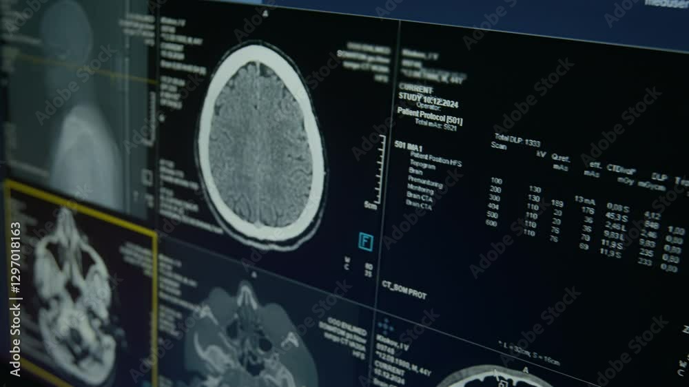 Panning closeup of computer screen with MRI scan of patient brain and ...
