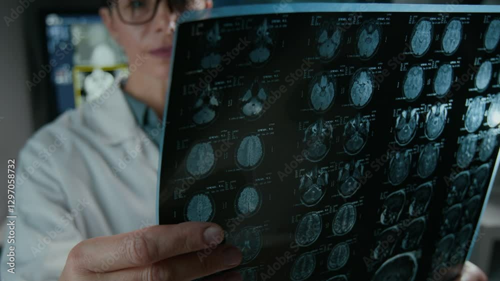 Medium closeup of face and hands of female radiologist analyzing axial ...