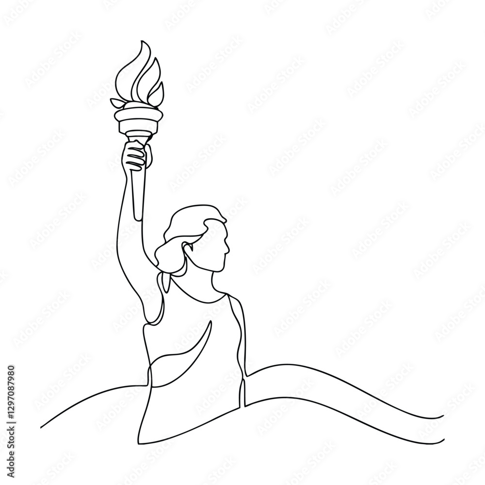 Poster Single line drawing Woman holding aloft a flaming torch, symbol ...