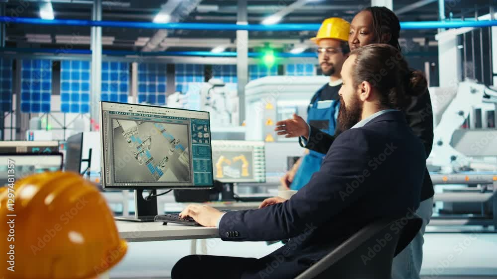 Photovoltaics factory team leader gives workers tasks after analyzing ...