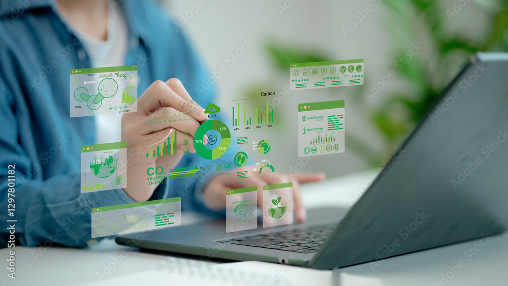 Poster Businessmen use laptops to analyze ESG Co2 Carbon footprint ...