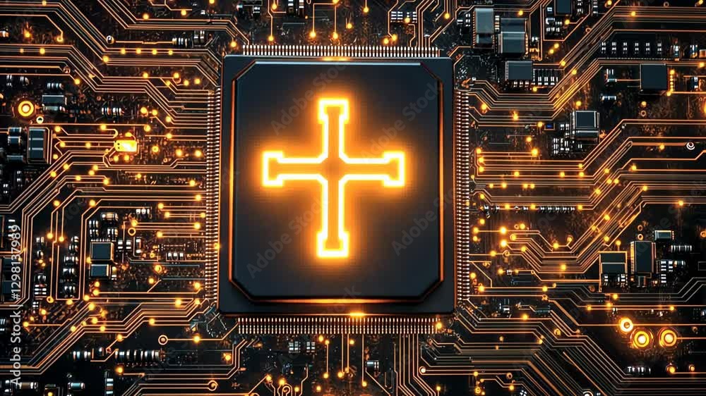 Illuminated cross integrated into circuit board design, symbolizing ...