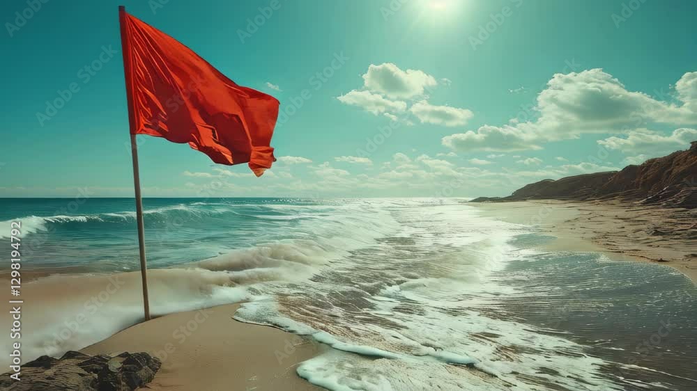 video of red warning flag on a sunny beach, indicating strong winds and ...