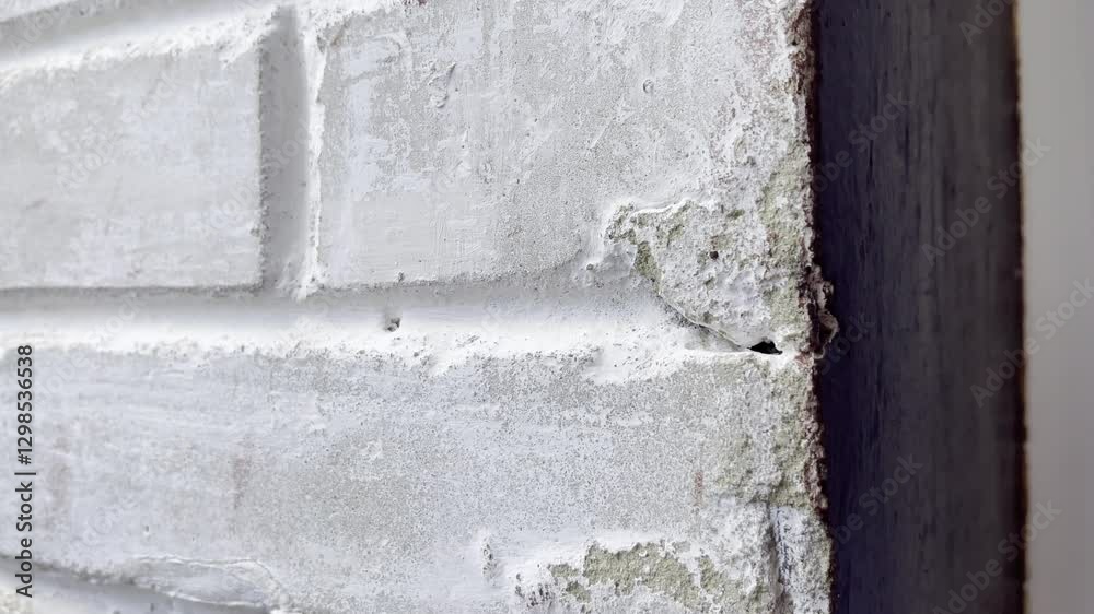 White painted brick wall covered with mold and mildew, weathered wall ...