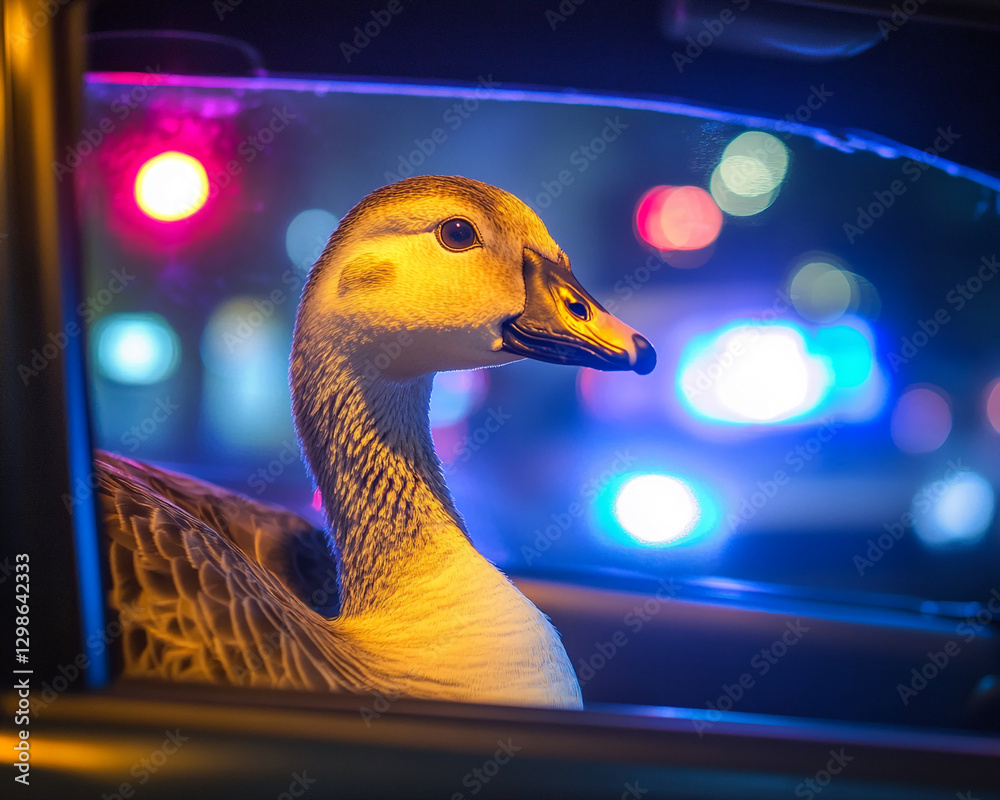 Poster A goose sitting in the front seat of a car at night with ...