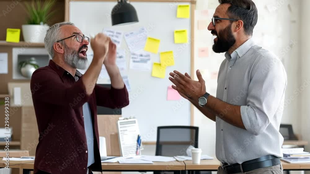 Joyful Office Celebration: Two businessmen in a modern office space ...