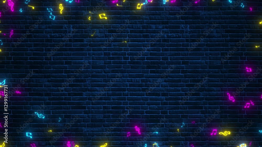 neon lights colorful music notes frame border on brick wall animation ...