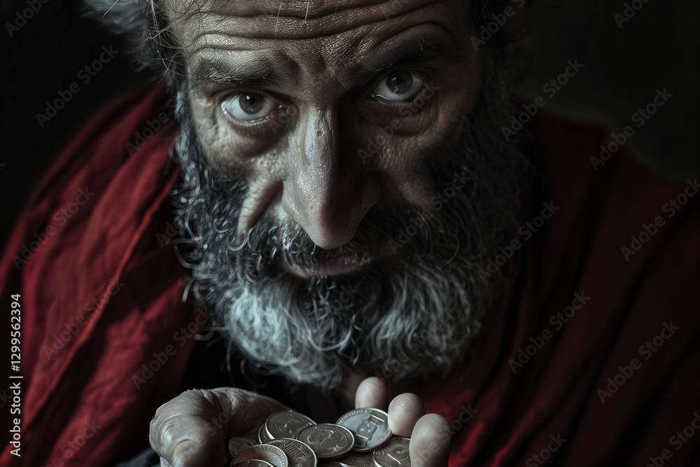 Poster Judas Iscariot the Traitor grasping silver coins in a biblical ...