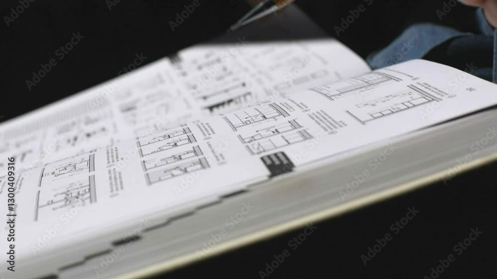Close-up of an open architecture book displaying detailed floor plans ...