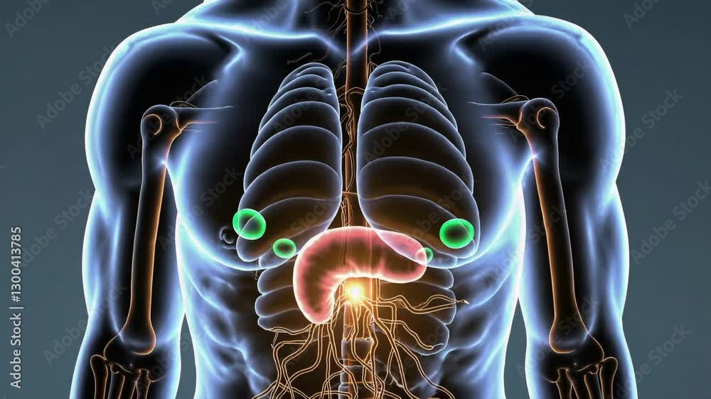 3D X-Ray Medical Imaging of Human Pancreas, Anatomy Visualization, Loop ...