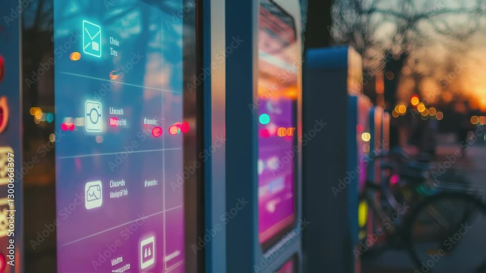 Interactive digital kiosk displaying technology with illuminated screen glowing against sunset ...