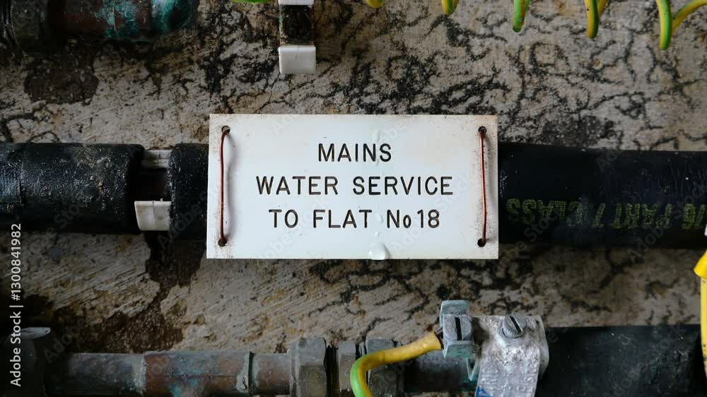 London, UK, March 1st 2025: A mains water pipe label, cold water supply ...