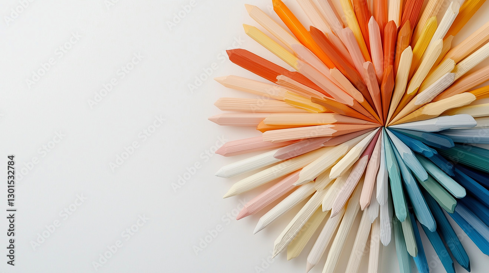 Poster Vibrant Circular Arrangement of Colored Pencils on White ...