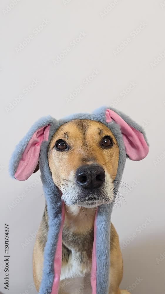 Dog wearing as bunny in cute pose raises his head and looks at camera ...