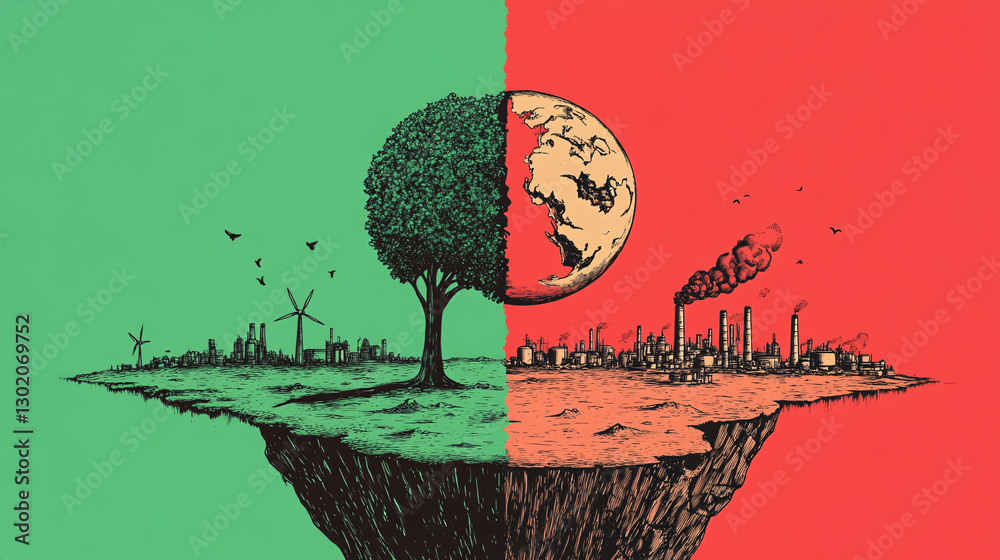Poster A powerful illustration depicting the contrast between a green ...