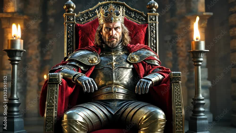 Regal Authority: A king, adorned in royal attire, sits upon his ornate ...