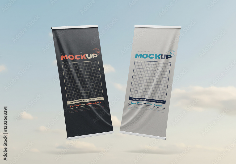 Two Flag Banner Floating Signs Mockups Stock Template | Adobe Stock