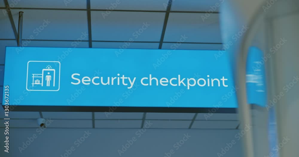 Modern International Airport Terminal: Big LED Blue Security Checkpoint ...