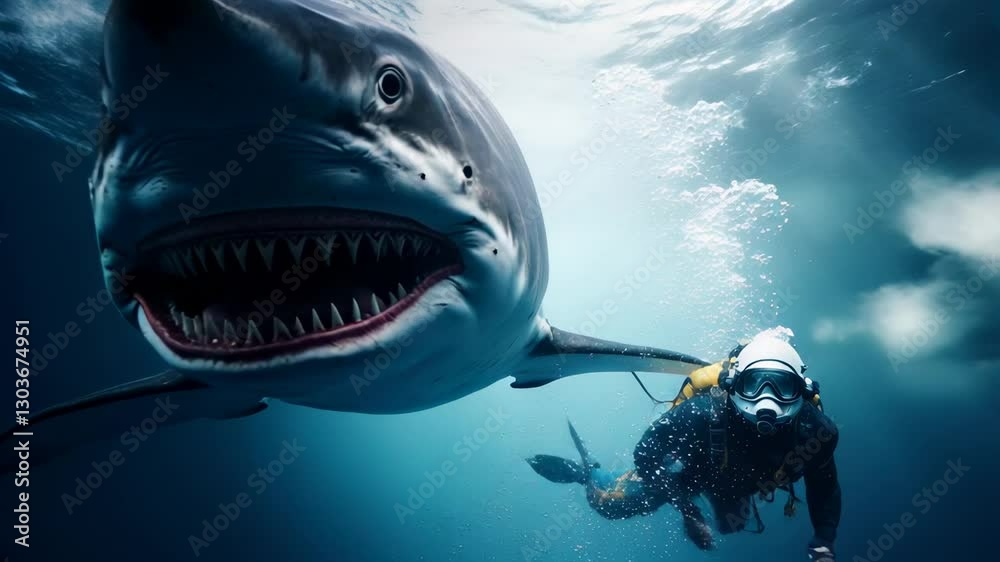 Scary shark attacks scuba diver underwater in sea, open mouth with ...