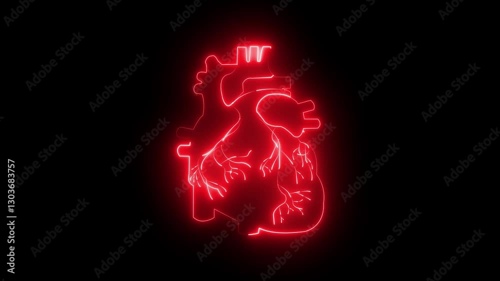 Neon glowing human heart icon animation. Human heart beating against a ...