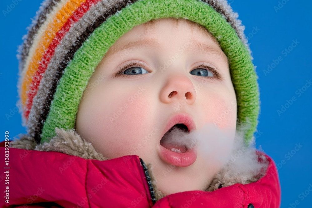 Poster A child exhaling in cold weather, showing visible oxygen vapor ...