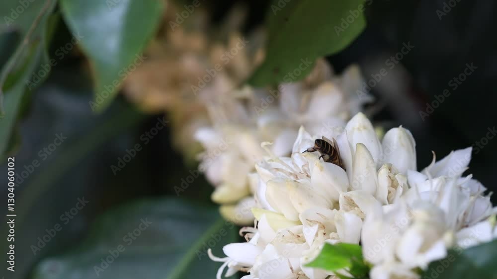 coffee flower with bee in farm coffee beans on brance harvest red raw ...